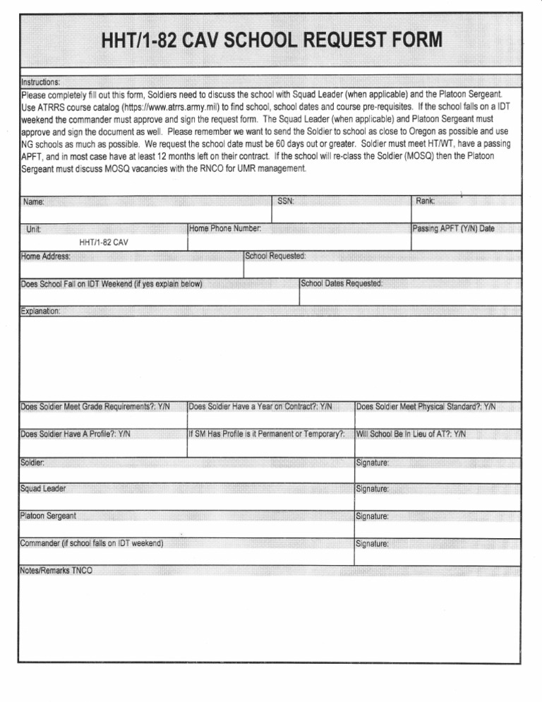 HHT 182 CAV Schools Request Form | PDF | Sergeant | Platoon