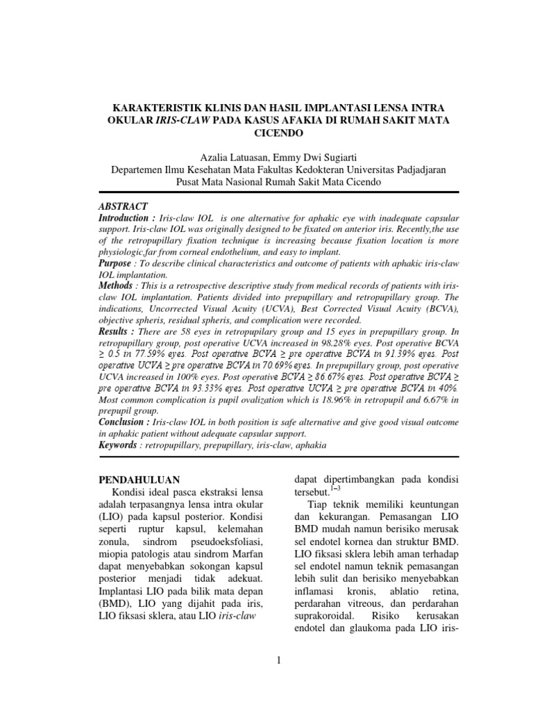 Karakteristik Klinis Dan Hasil Implantasi Lensa Intra Okular Iris Claw ...
