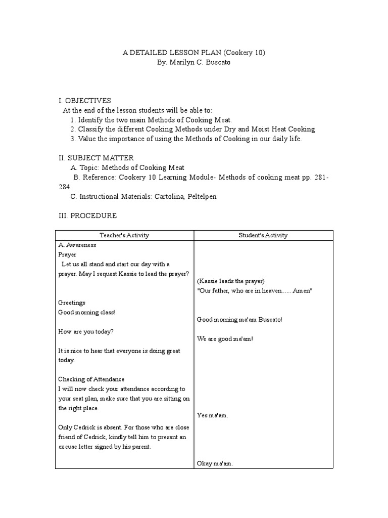 Detailed Lesson Plan on Cooking Methods | PDF | Teaching | Learning