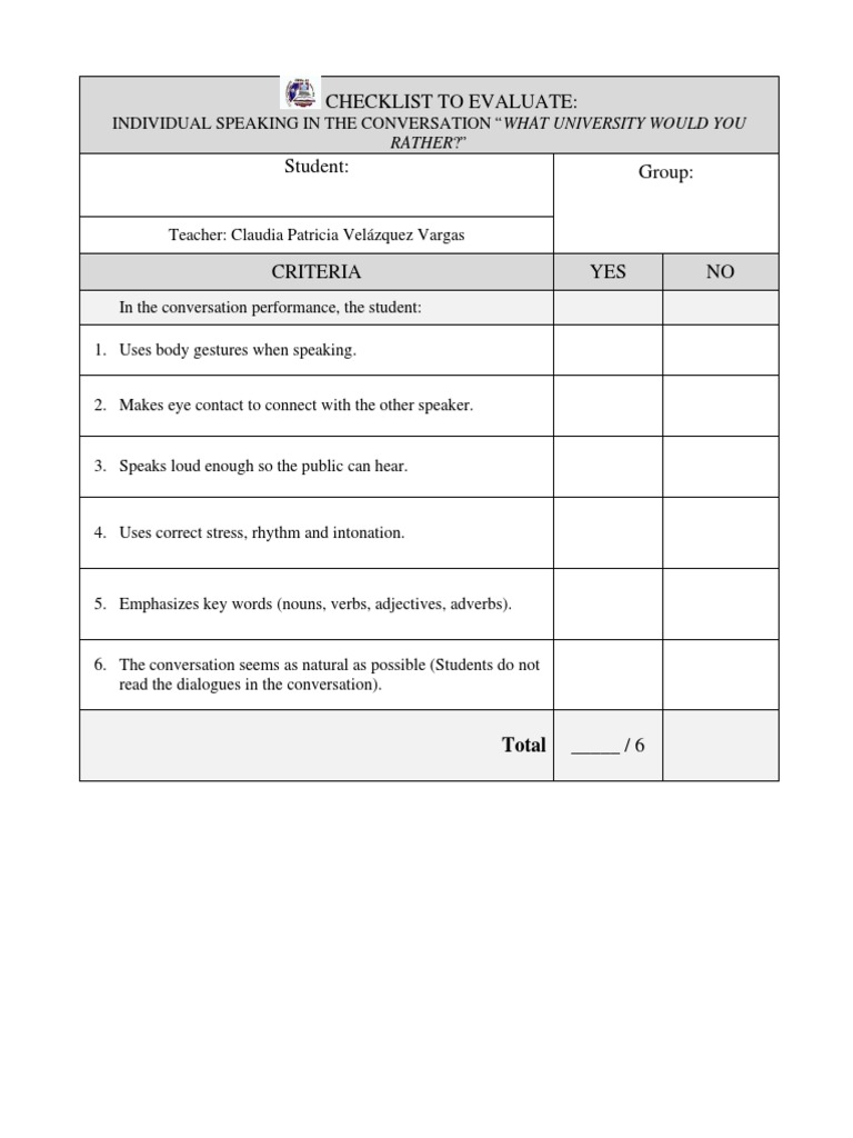 Checklist To Evaluate Individual Speaking PDF | PDF