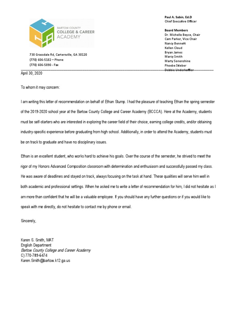 Letter of Recommendation Ethan Stump 1 | PDF | Behavior Modification ...