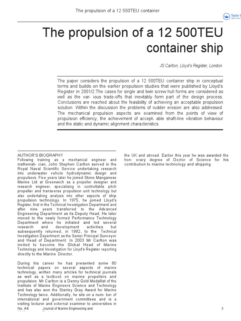 The Propulsion of A 12 500TEU Container Ship | PDF | Propeller | Ships