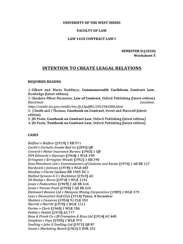 Worksheet 5 - Intention To Create Legal Relations | PDF | Contract Law ...
