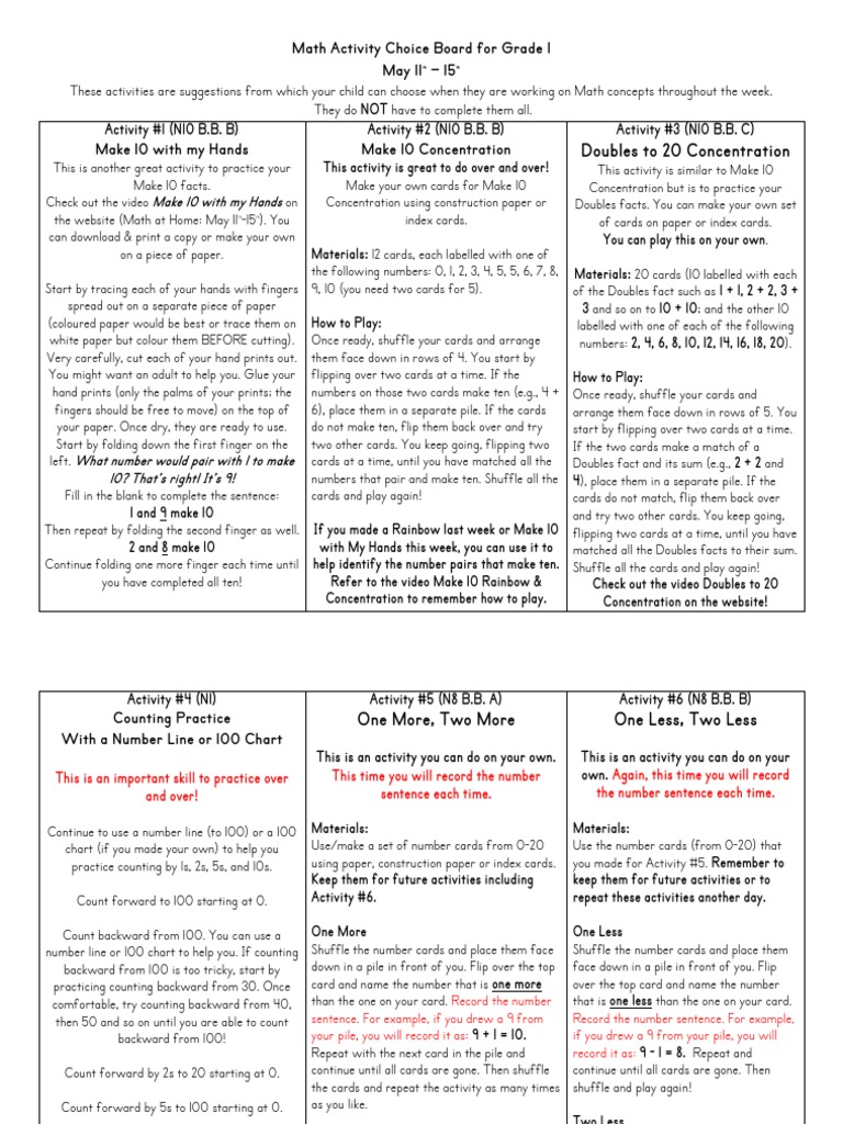 Grade 1 Math Activity Choice Board | PDF | Games Of Chance | Playing Cards