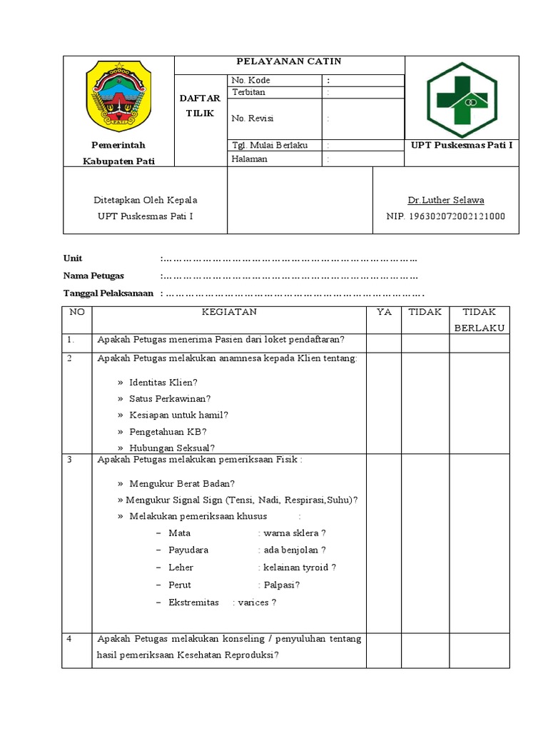 Daftar Tilik Pelayanan Catin | PDF | Kesehatan Holistik | Sains & Matematika
