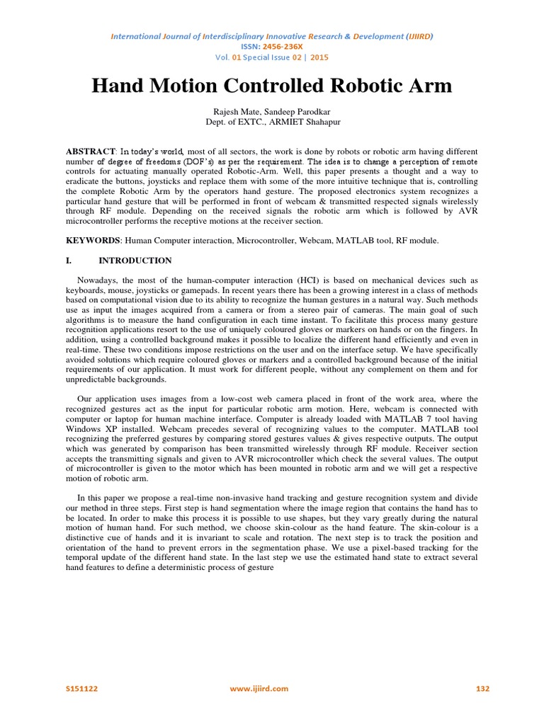 S151122 Hand Motion Controlled Robotic Arm PDF | PDF | Robotics | Robot
