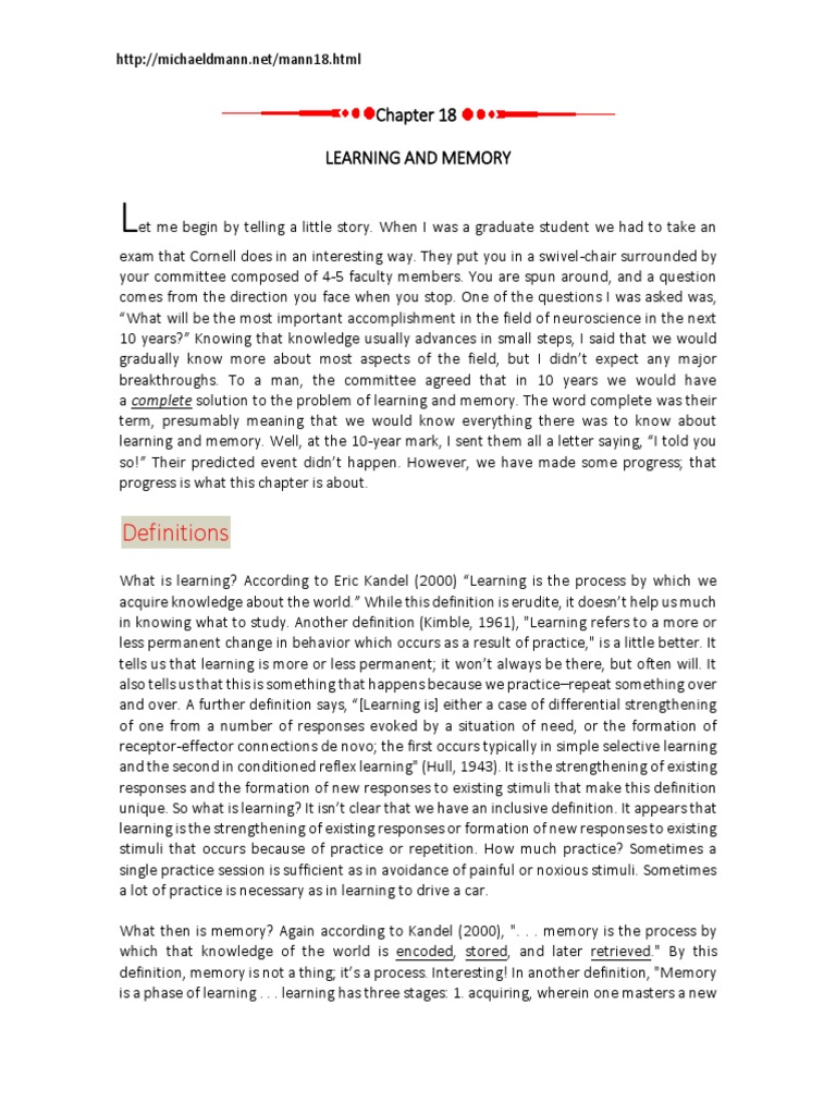 Learning and Memory | PDF | Long Term Potentiation | Classical Conditioning
