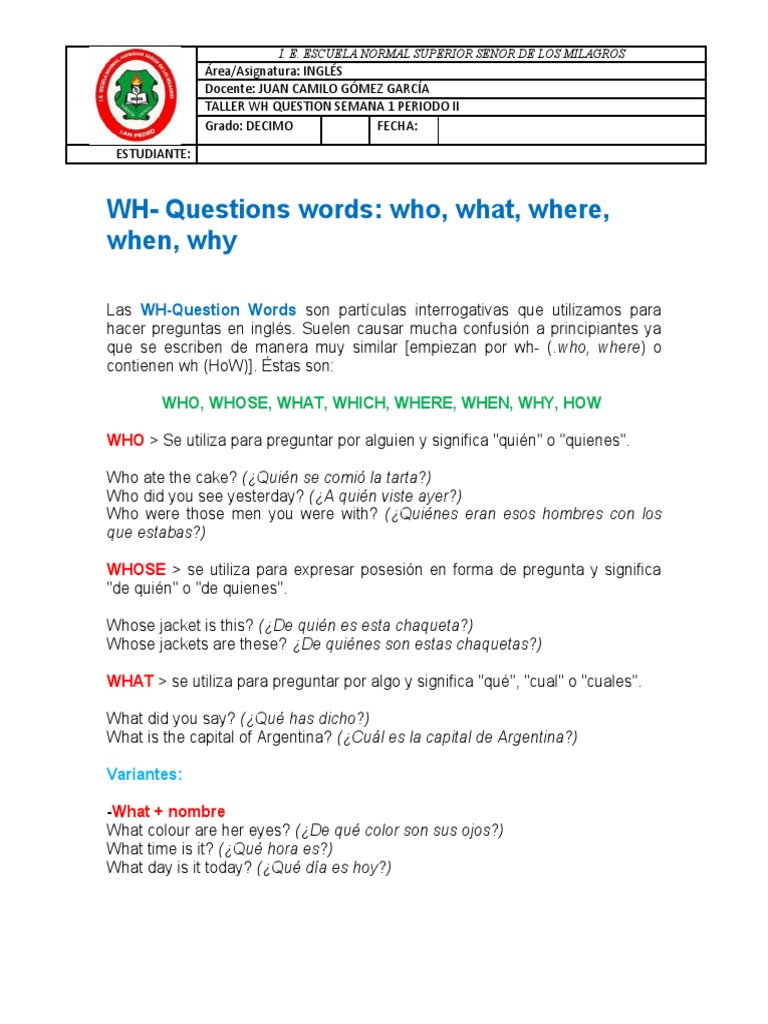 WH Questions Taller I Periodo Ii | PDF | Traducciones | Lingüística