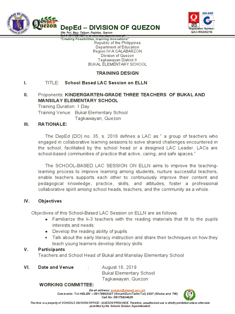 Elln Training Design | PDF | Teachers | Literacy