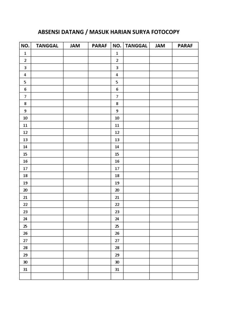 Absensi Datang / Masuk Harian Surya Fotocopy: NO. Tanggal JAM Paraf No ...