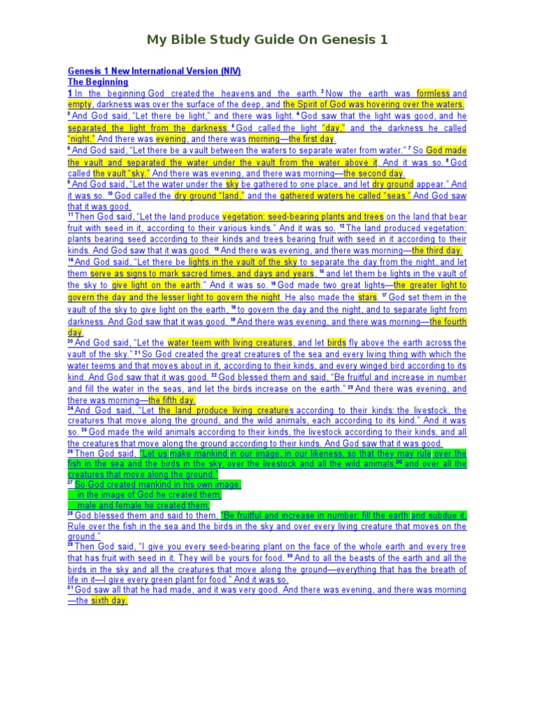 My Bible Study Guide On Genesis 1: Genesis 1 New International Version ...