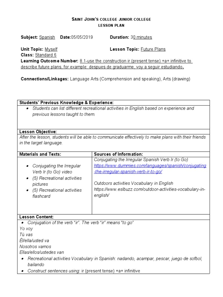 Spanish Lesson Plan Final | PDF | Grammatical Conjugation | Lesson Plan