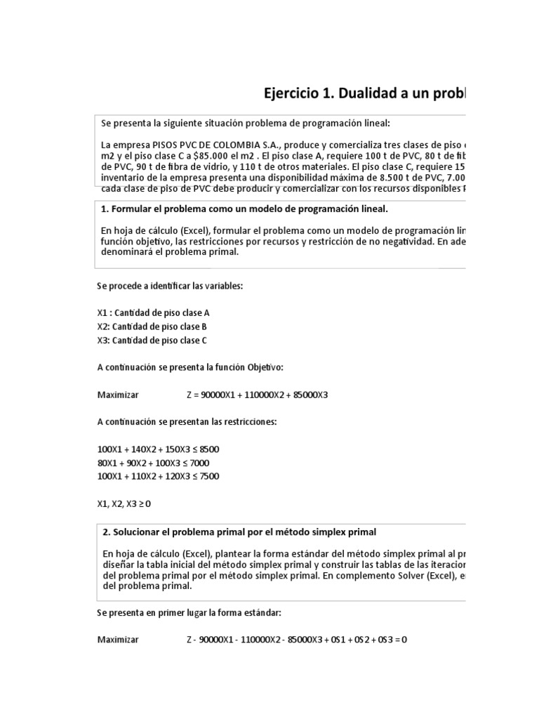 Maximizar ventas de pisos PVC resolviendo problema de programación lineal dual y primal | PDF ...
