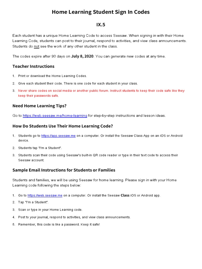 Home Learning Student Sign in Codes: Teacher Instructions | PDF