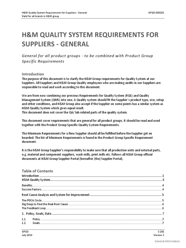 H&M Supplier Quality System Requirements | PDF | Goal | Quality ...