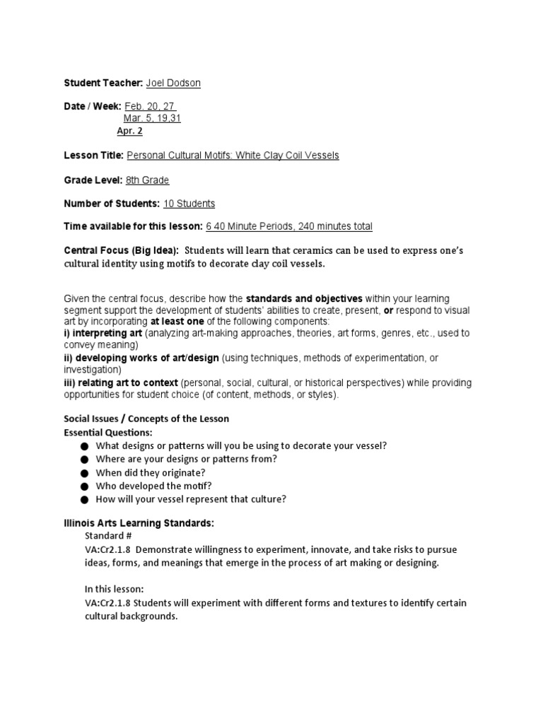 Edtpa Long Form Lesson Plan - Joel Dodson 3 | PDF | Pottery | Ceramic Art