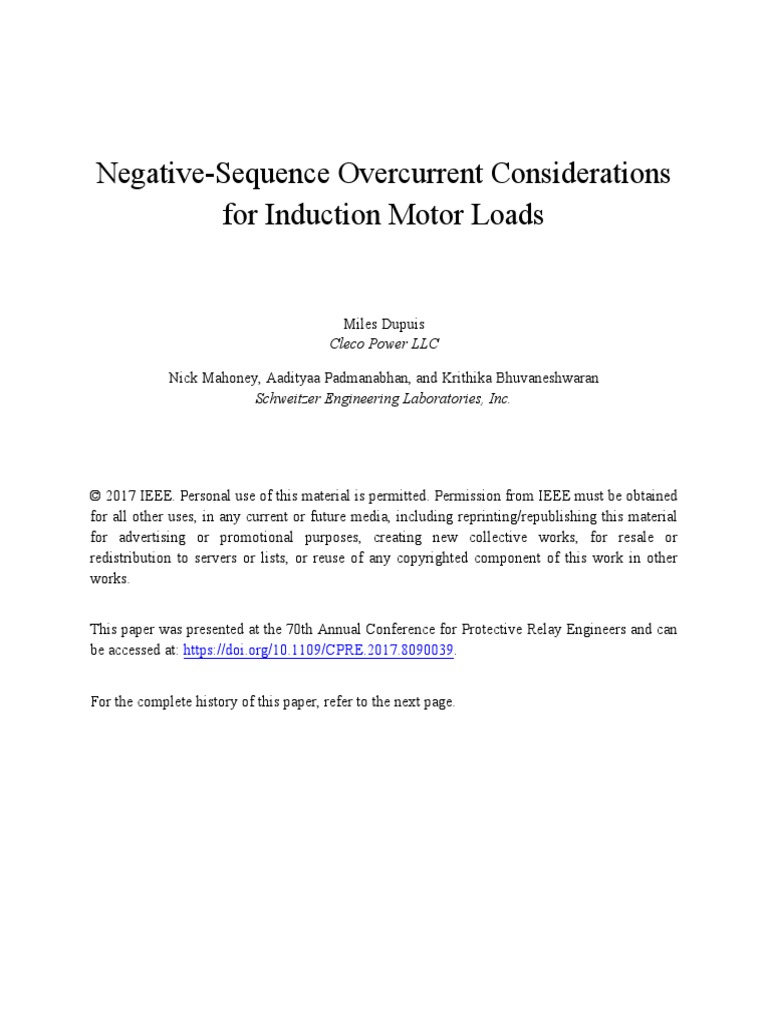 Negative-Sequence Overcurrent Considerations For Induction Motor Loads ...