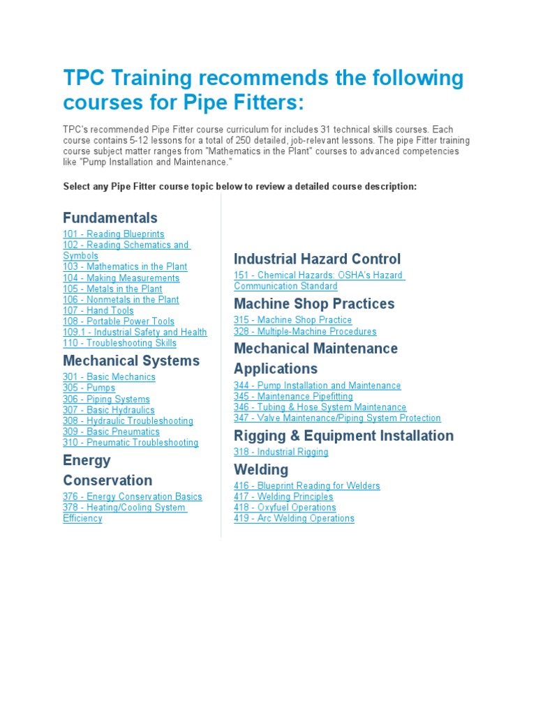 TPC Training Recommends The Following Courses For Pipe Fitters | PDF ...