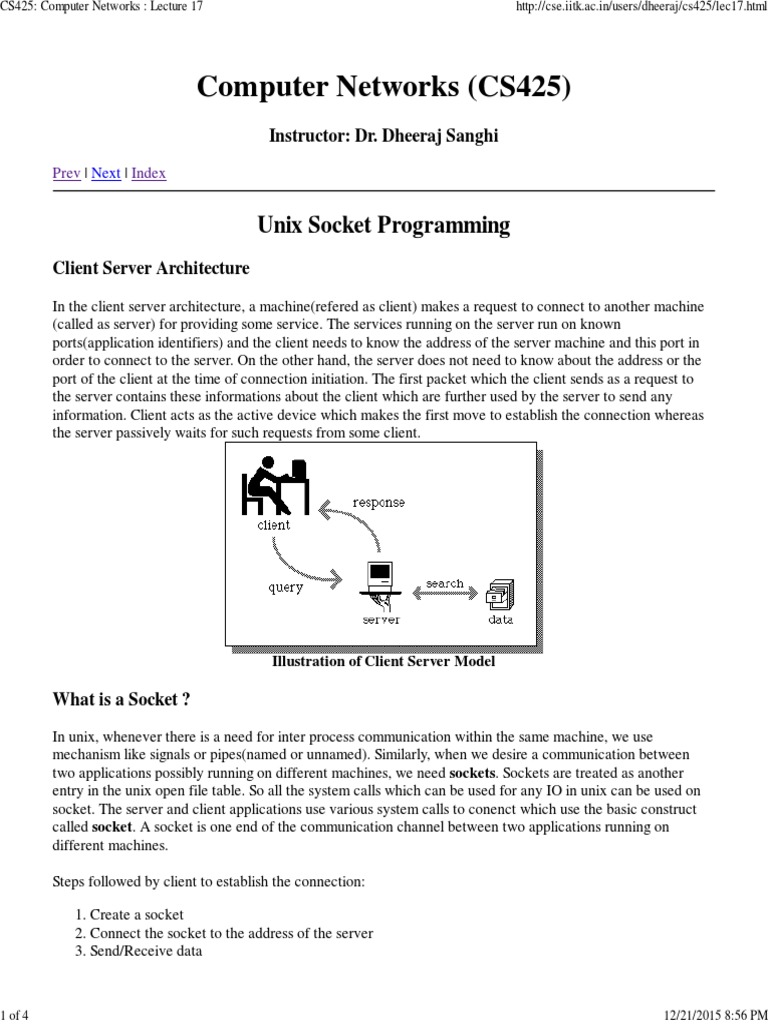 Computer Networks (CS425) : Unix Socket Programming | PDF | Network ...