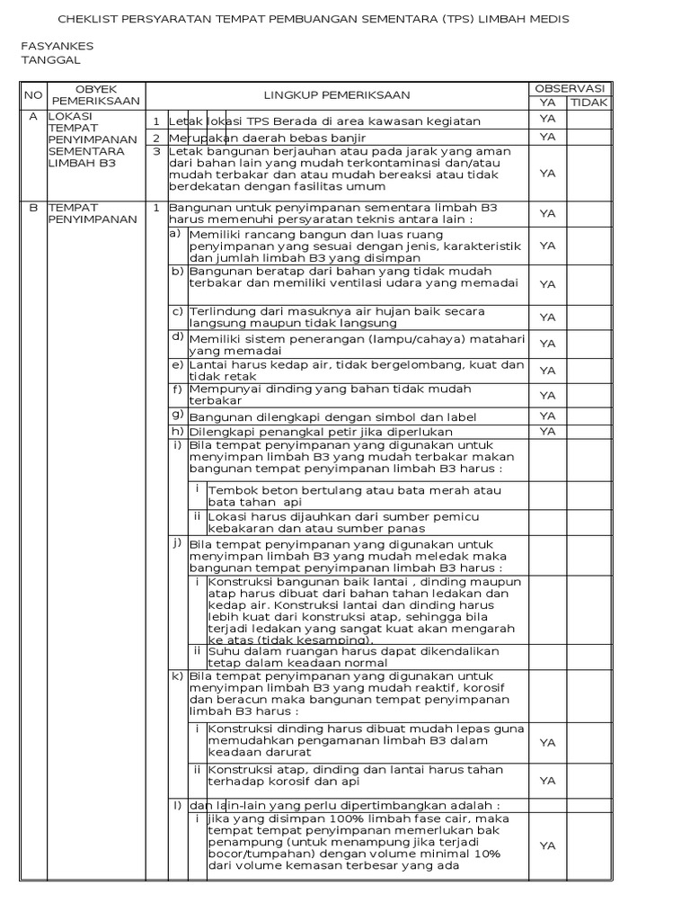 Cheklist TPS Limbah B3 Medis | PDF