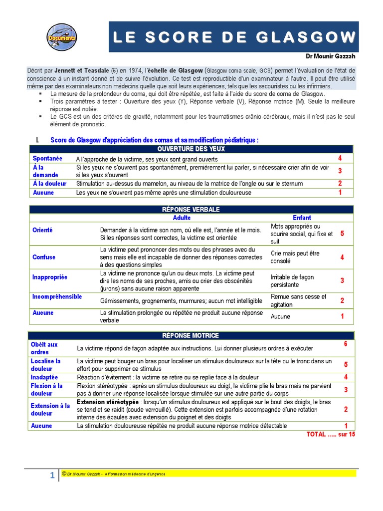 Glasgow Score | PDF | Coma | Douleur
