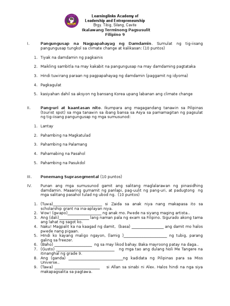 Filipino Exam 9 | PDF
