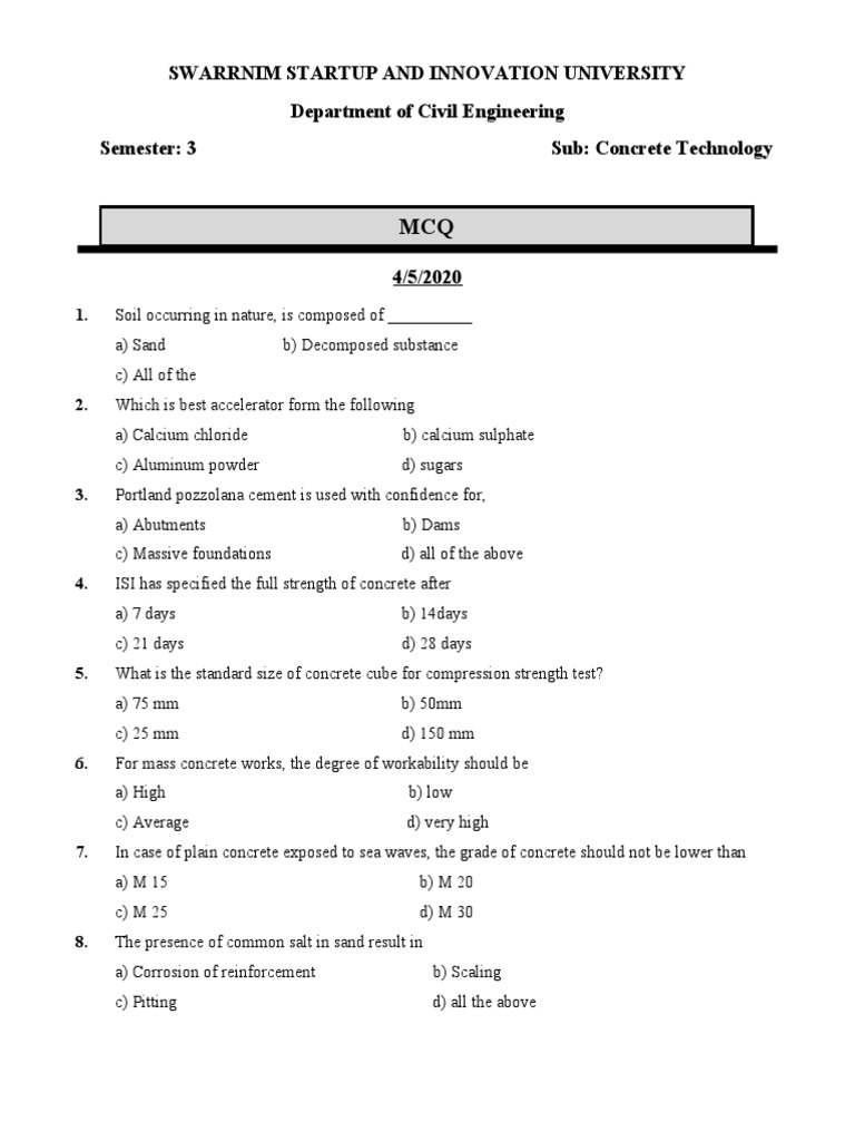 Concrete Technology MCQs for Civil Engineering | PDF | Cement | Joining