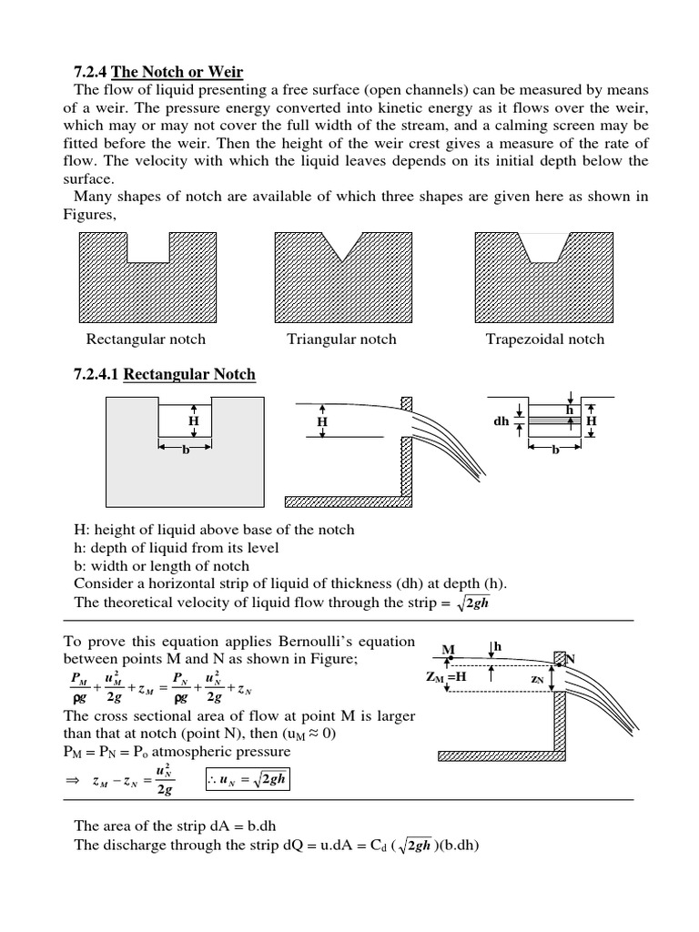 7.2.4 The Notch or Weir: H H B H DH H | PDF | Fluid Dynamics | Pressure