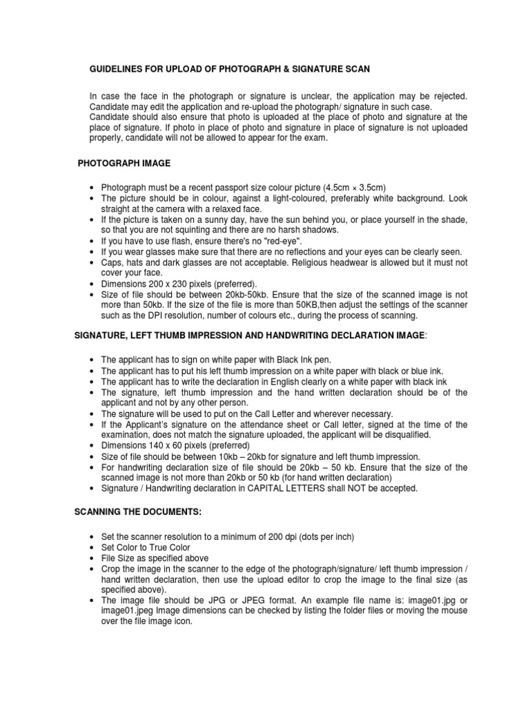 Guidelines For Upload of Photograph & Signature Scan | PDF | Image Scanner | Imaging