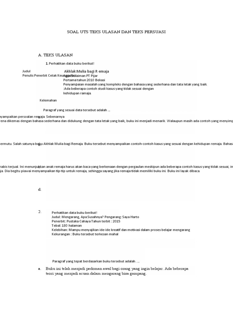 Soal Uts Teks Ulasan Dan Teks Persuasi Kelas VIII SMP | PDF
