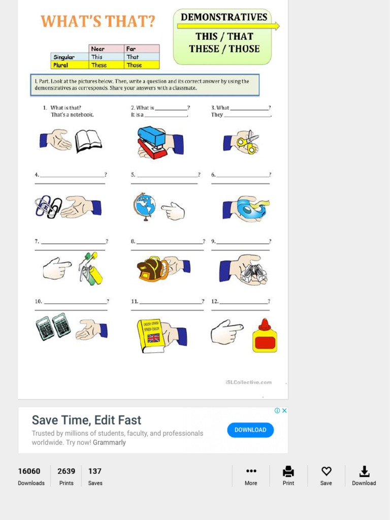 Demonstratives, This, That, Those, These - English ESL Worksheets PDF | PDF