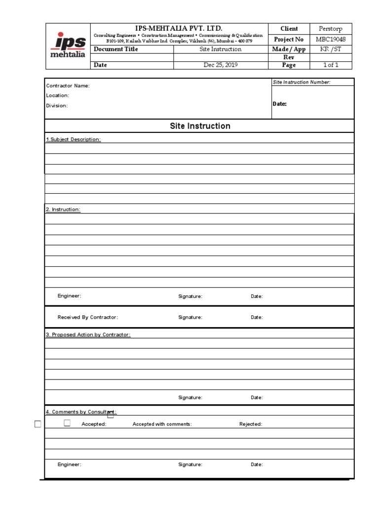 Site Instruction Template for Construction | PDF