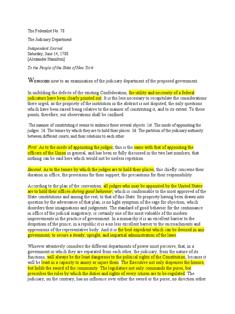 The Federalist Paper 78 | PDF | Constitution | Judiciaries
