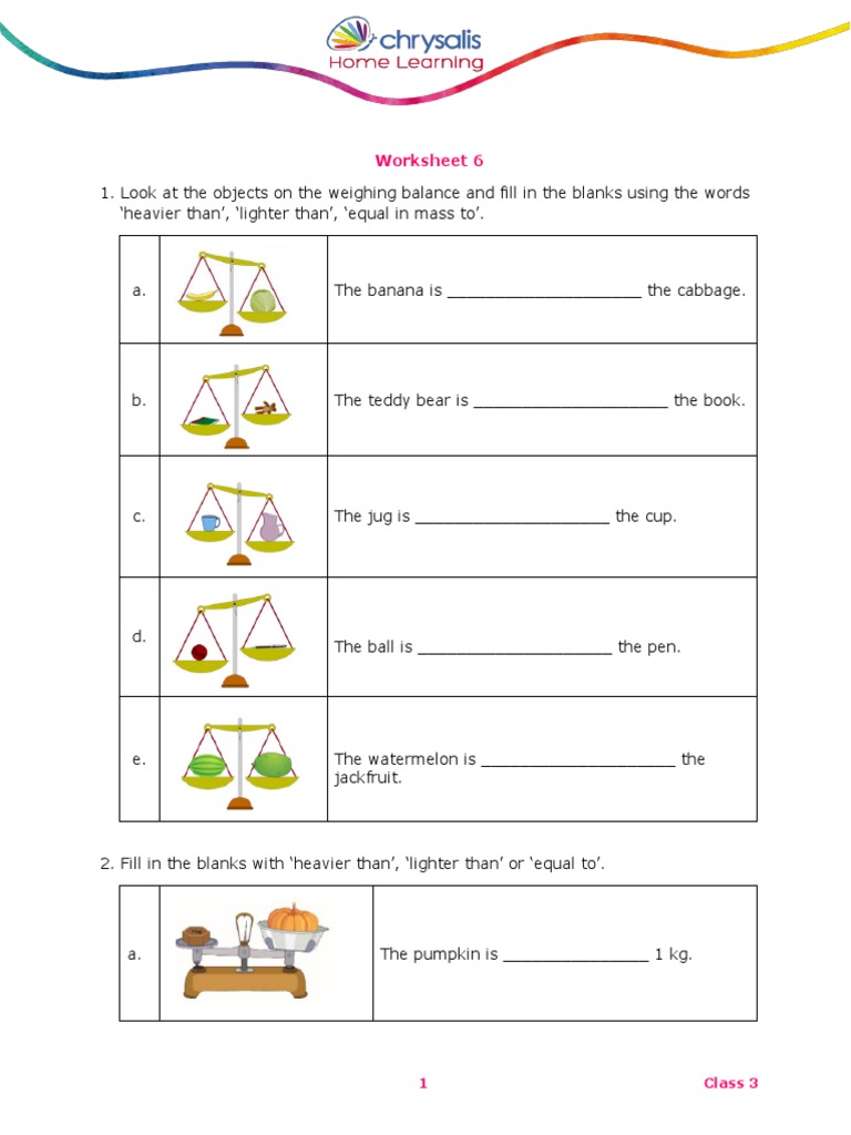 Comparing Mass Worksheet for Grade 3 | PDF
