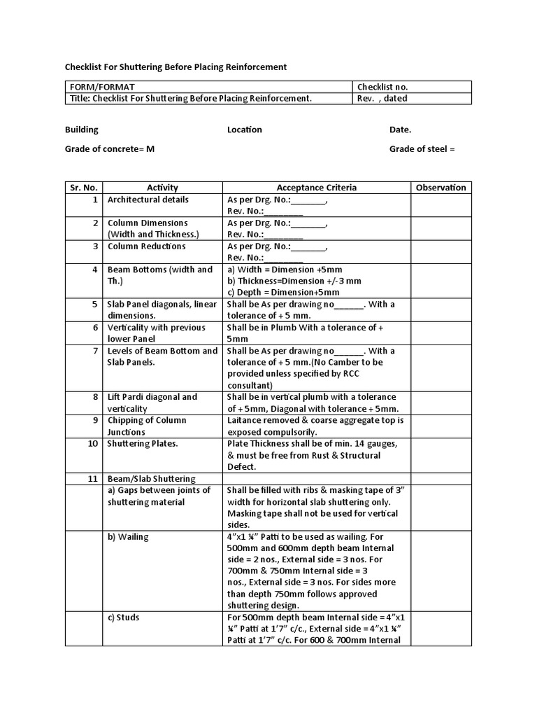 Checklist For Shuttering Before Placing Reinforcement | PDF ...