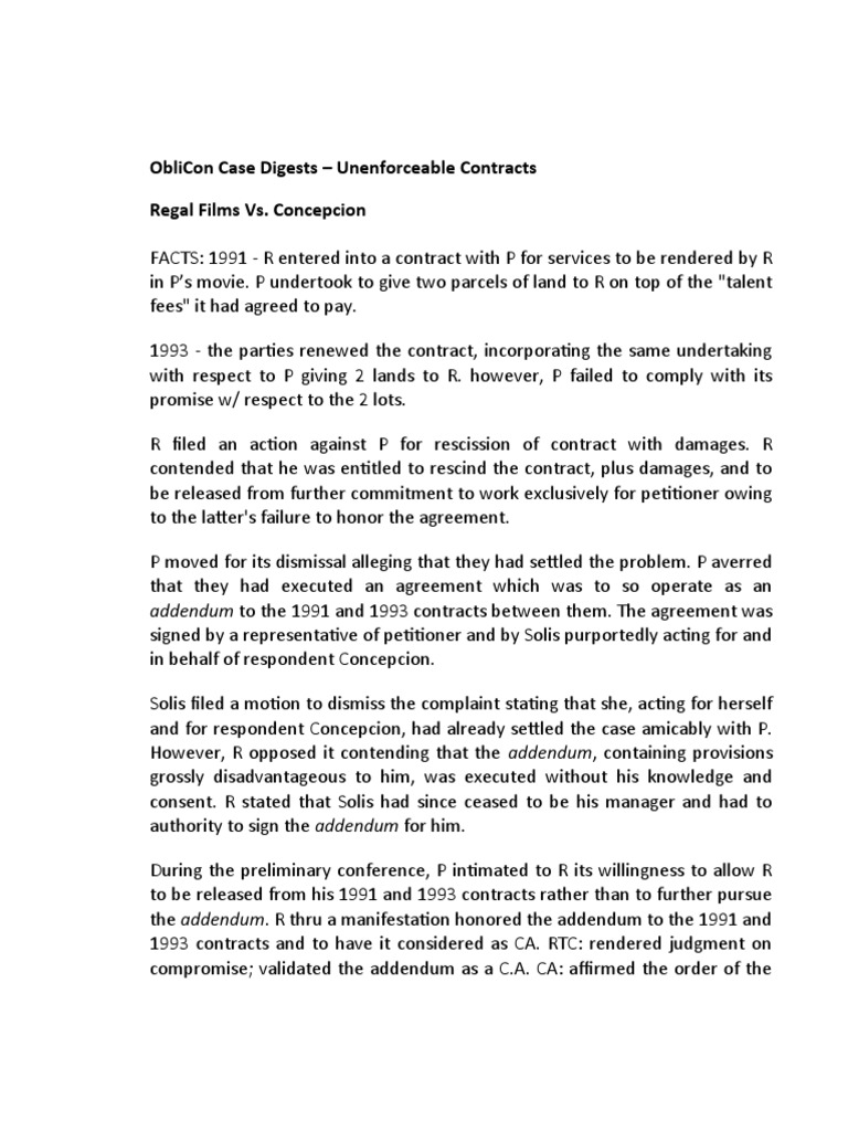 Case Digests - Unenforceable Contracts | PDF | Deed | Appeal
