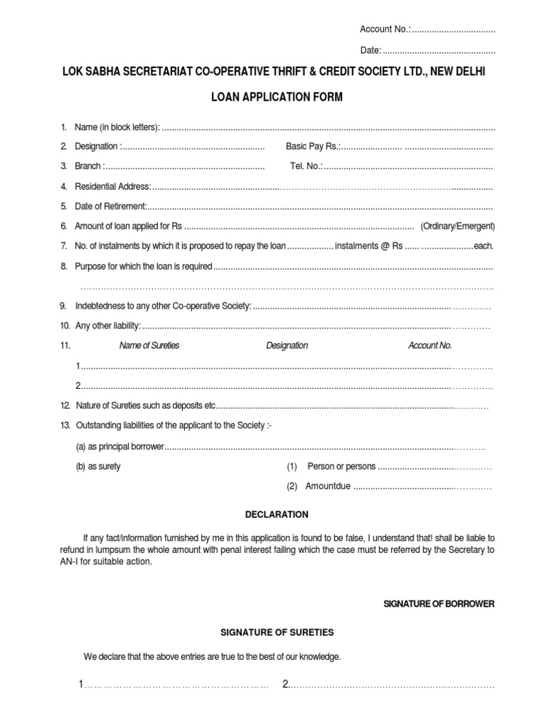 Loan Application Form for the Lok Sabha Secretariat Co-operative Thrift ...