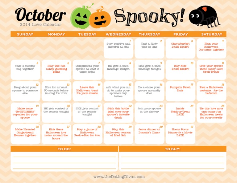 Printable October Love Calendar | PDF | Autumn Festivals | Halloween