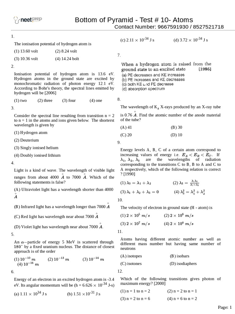 Test 10 - Atoms - Bottom of Pyramid | PDF | Atoms | Electronvolt