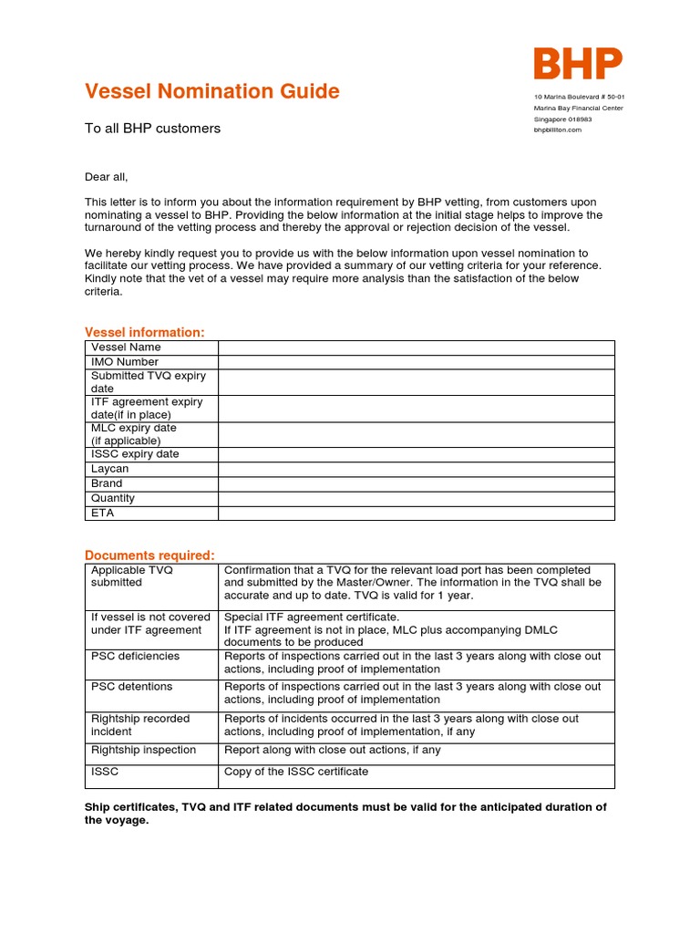 BHP Vessel Nomination Requirements | PDF | Business | Transport