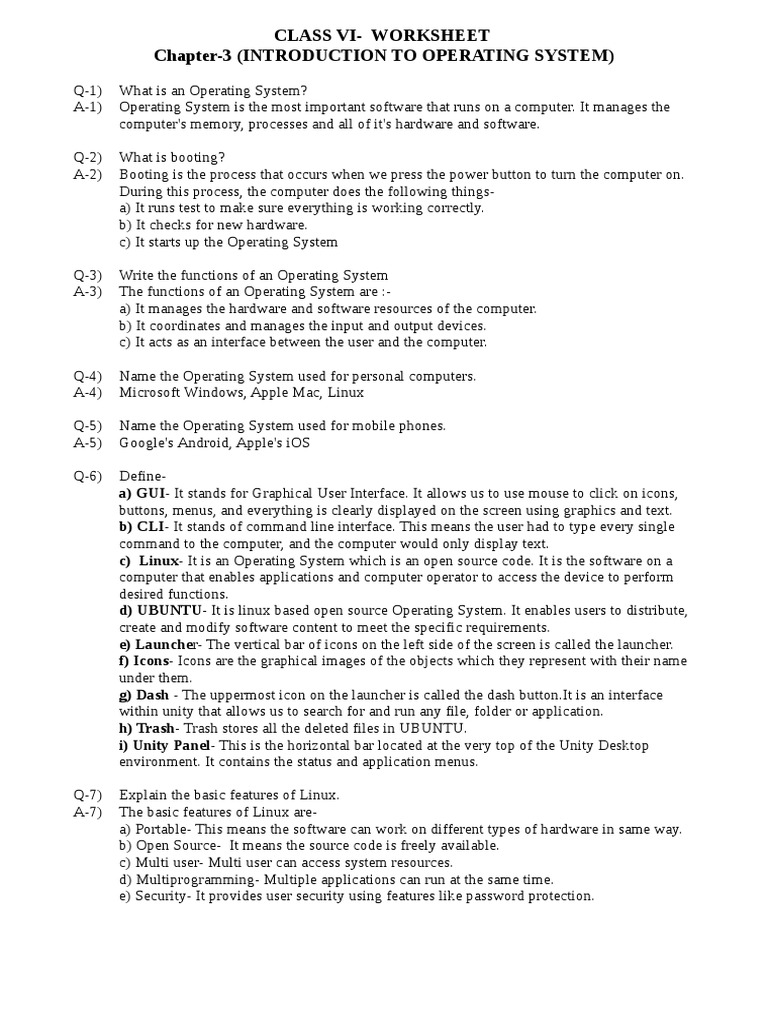 Class Vi-Worksheet Chapter-3 (Introduction To Operating System) | PDF ...