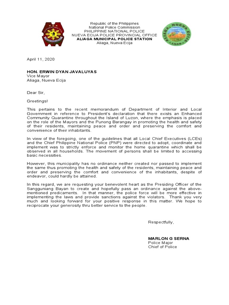 APS Letter Request For Sangguniang Bayan To Approve Ordinances | PDF