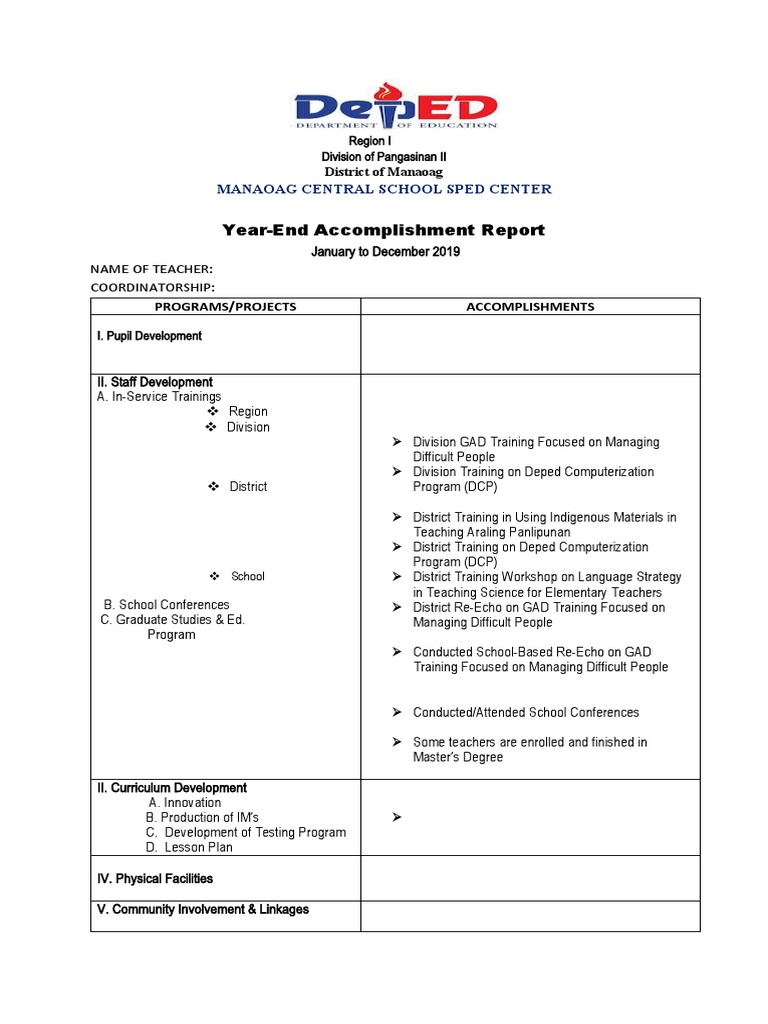 Year-End Accomplishment Report: Manaoag Central School Sped Center ...
