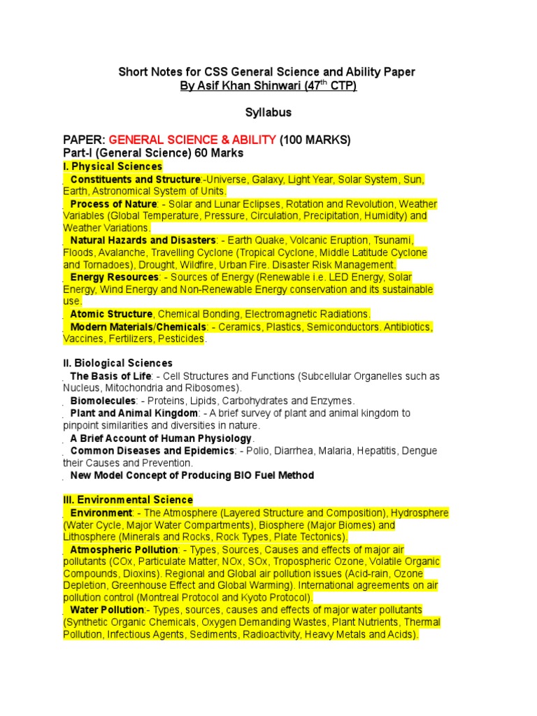 Short Notes For CSS General Science and Ability Paper PDF | PDF ...
