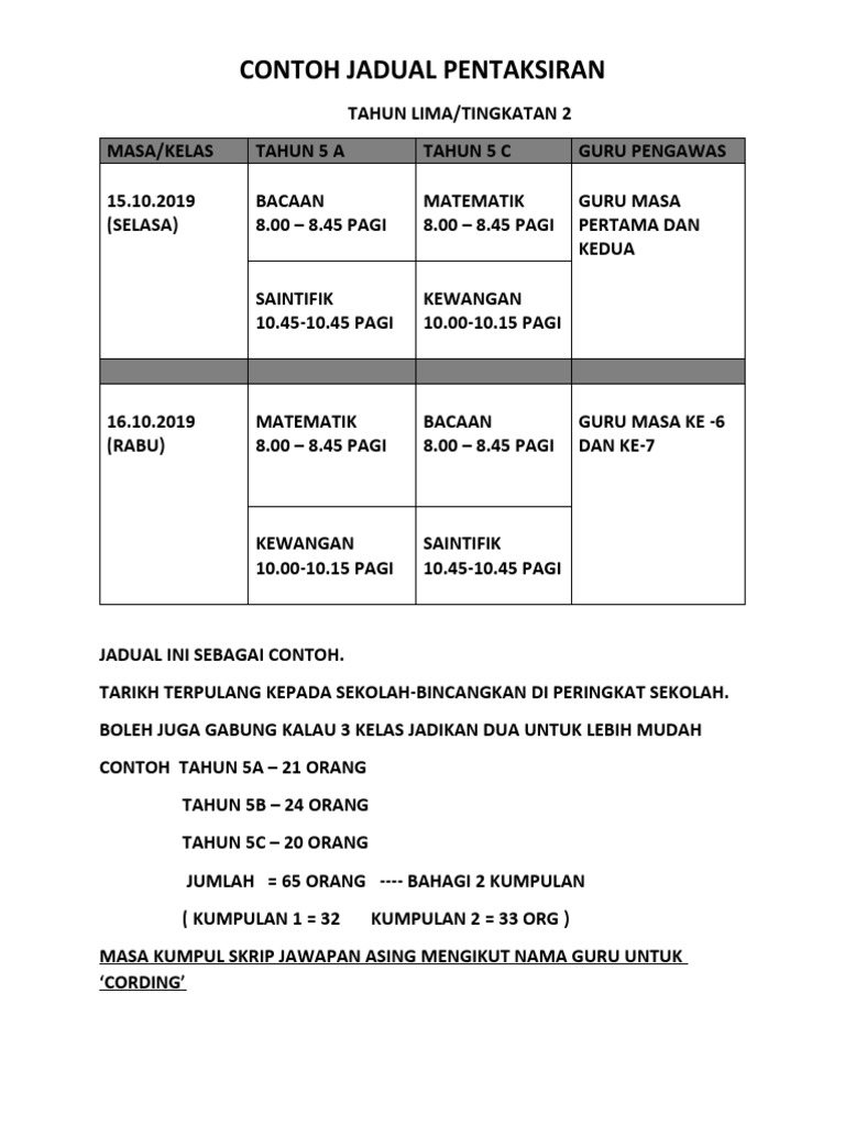 Contoh Jadual PKL 2019 | PDF