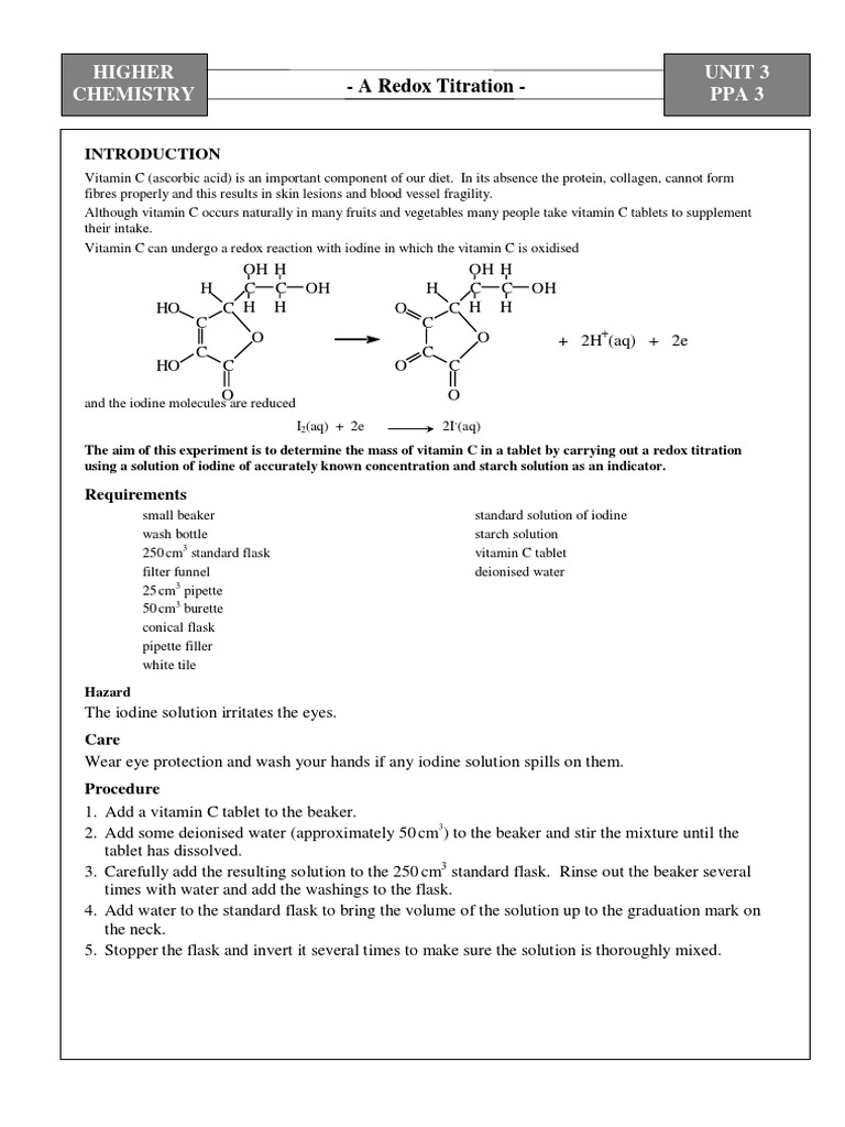 Redox Titration of Vitamin C | PDF | Titration | Chemistry