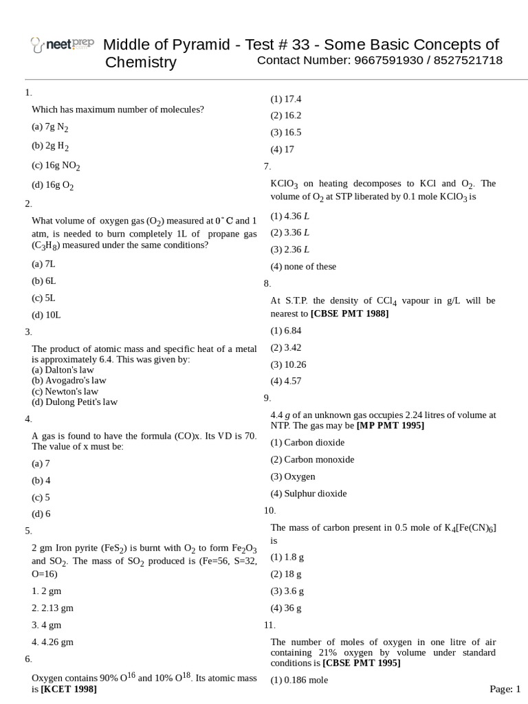 Chemistry Test: Basic Concepts Quiz | PDF | Mole (Unit) | Oxide