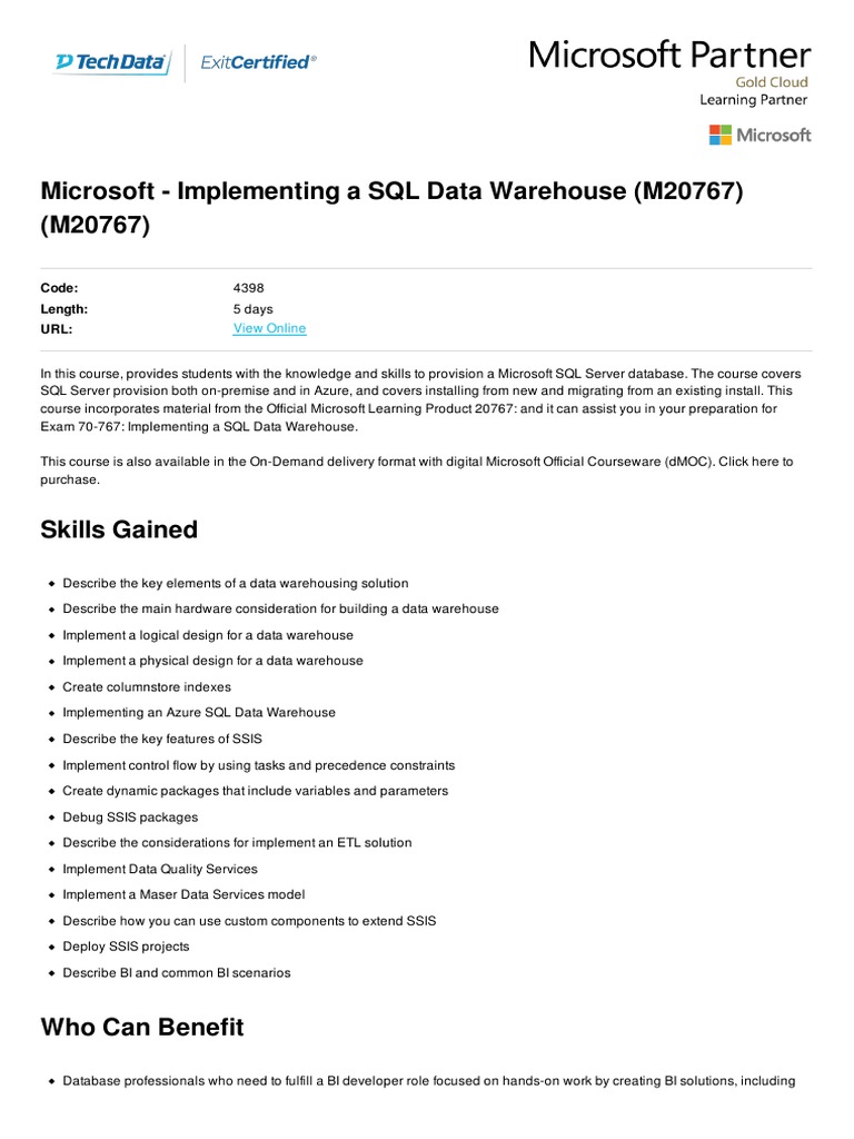 Microsoft - Implementing A SQL Data Warehouse (M20767) (M20767) | PDF