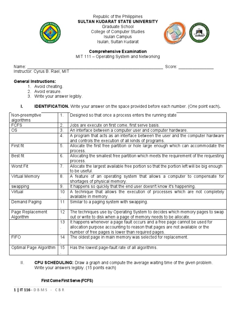 MIT 111 Operating System and Networking Comprehensive Exam | PDF ...