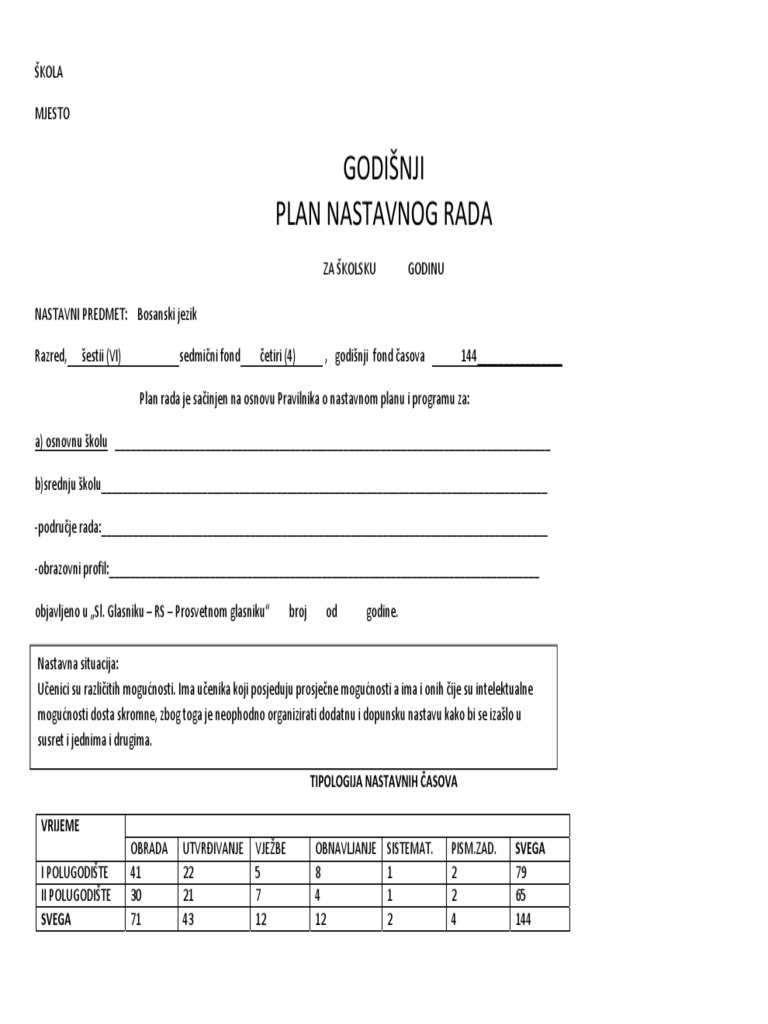 Godisnji I Operativni Plan BOSANSKI JEZIK 6. Razred | PDF
